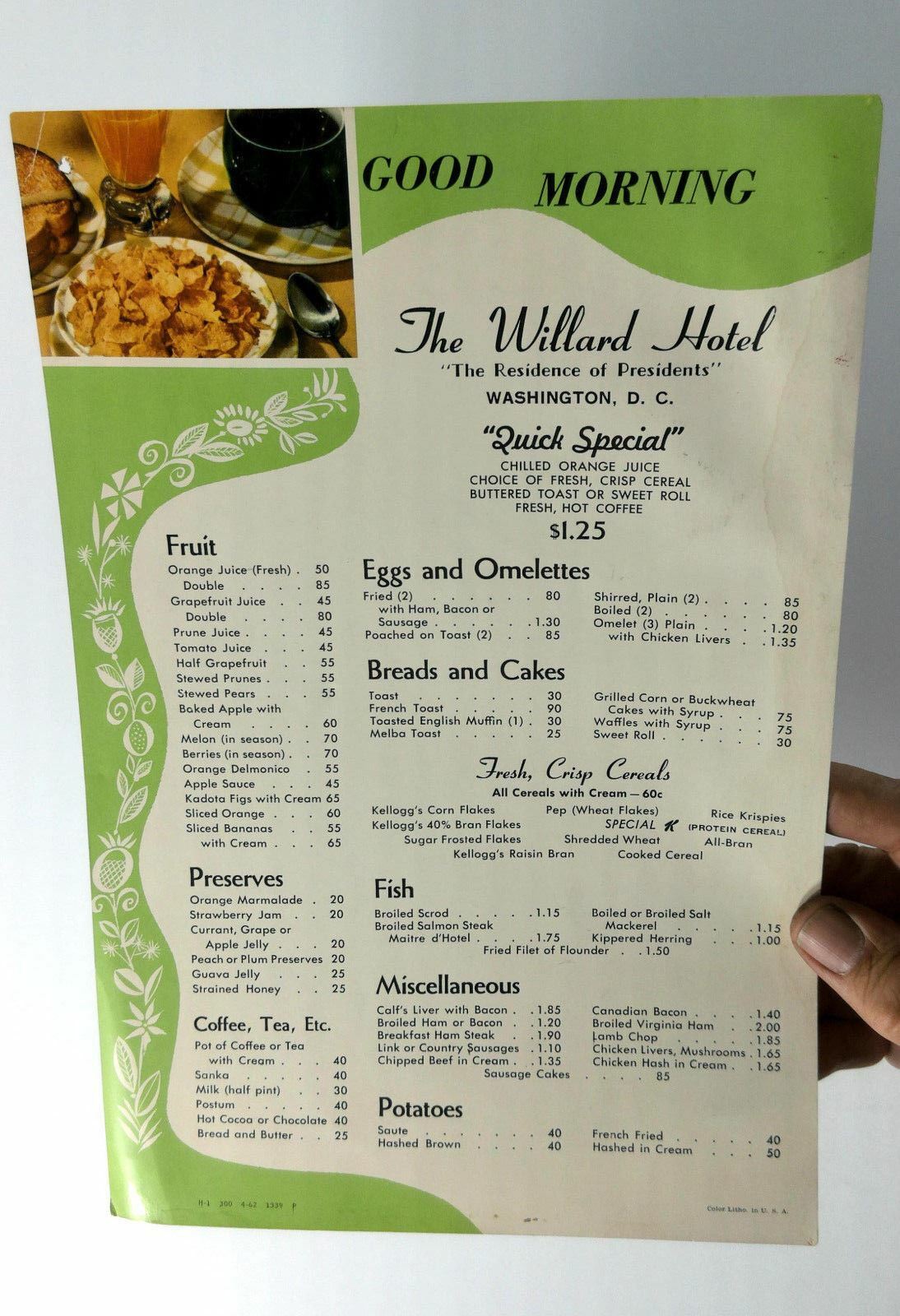1962 Original Vintage Breakfast Menu Card THE WILLARD HOTEL Washington ...