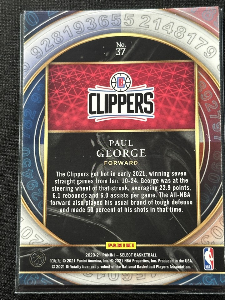 2020-21 Panini Select Paul George #37 Select Numbers Los Angeles ...