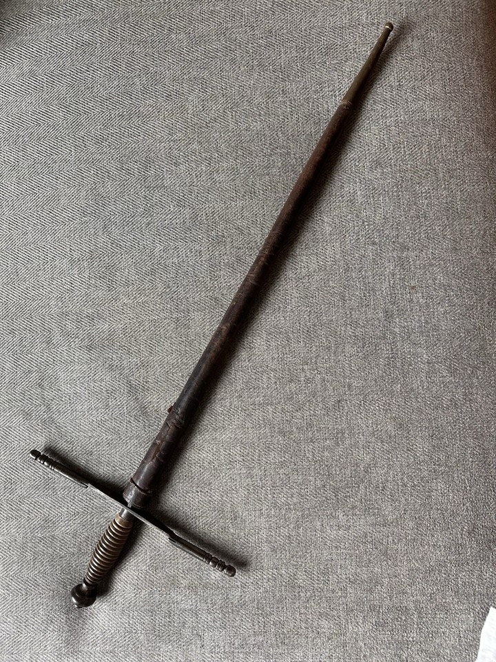 Antique Sword - Wood Handle - Triangular Blade - Leather Scabbard US ...