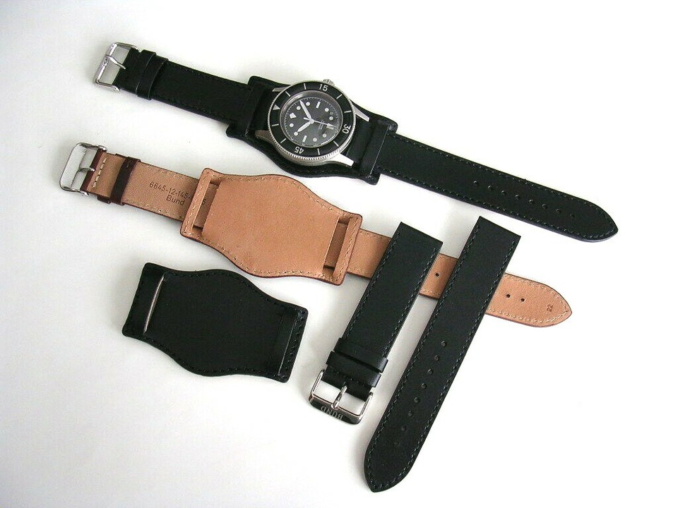 20mm Black BUND Flieger German Pilot Military Leather watch band strap ...