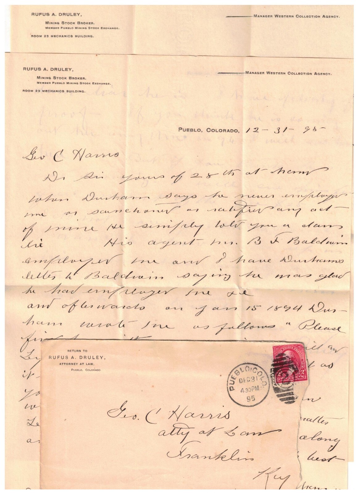 1898 2 Page Hand Written Letter w envelope Mining Stock Brocker Pueblo ...
