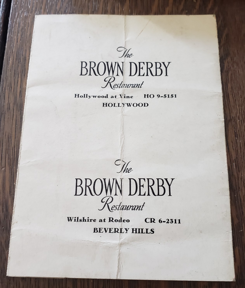 Brown Derby Hollywood Souvenir Menu Old Paper 1950s? Phone HO 9-5151 | eBay