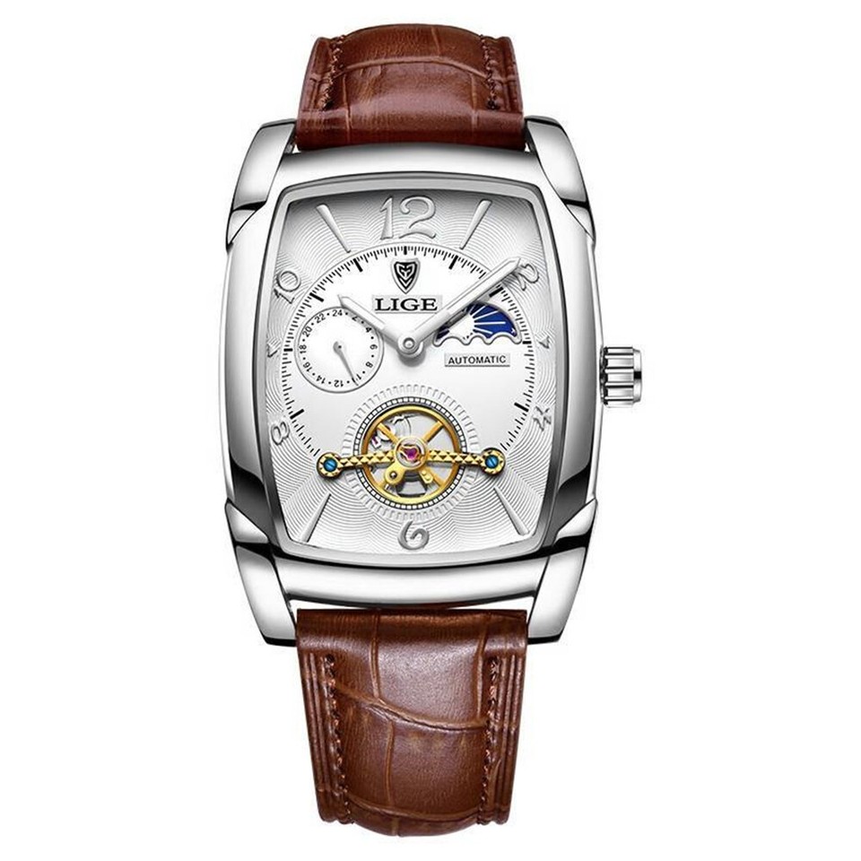 LIGE Watch Men Mechanical Automatic Wristwatch Male Leather Rectangle ...