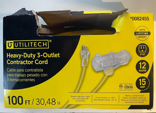 Utilitech 100ft Triple/3-Outlet Heavy Duty Lighted Extension Contractor Cord | eBay