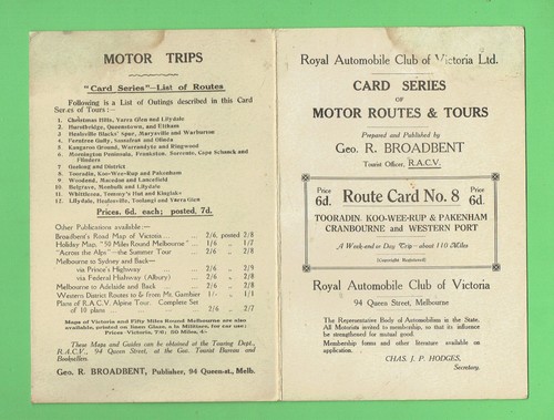 #D371. EARLY RACV VICTORIA ROUTE MAP CARD No. 8 TOORADIN, KOO-WEE-RUP ...