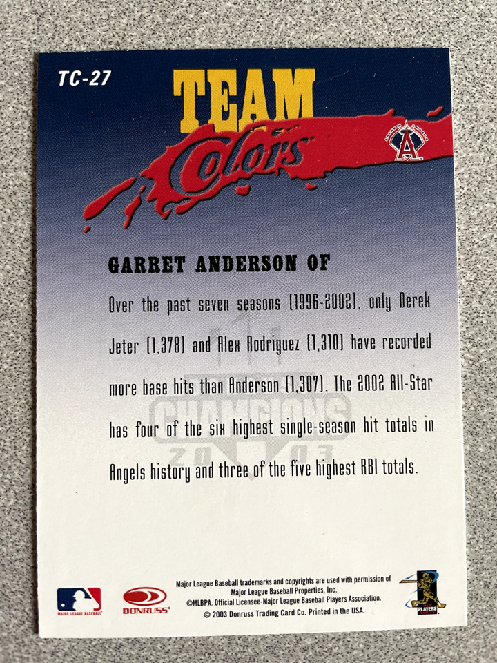 2003 Donruss Champions Garret Anderson Team Colors Card #TC-27 Angels ...