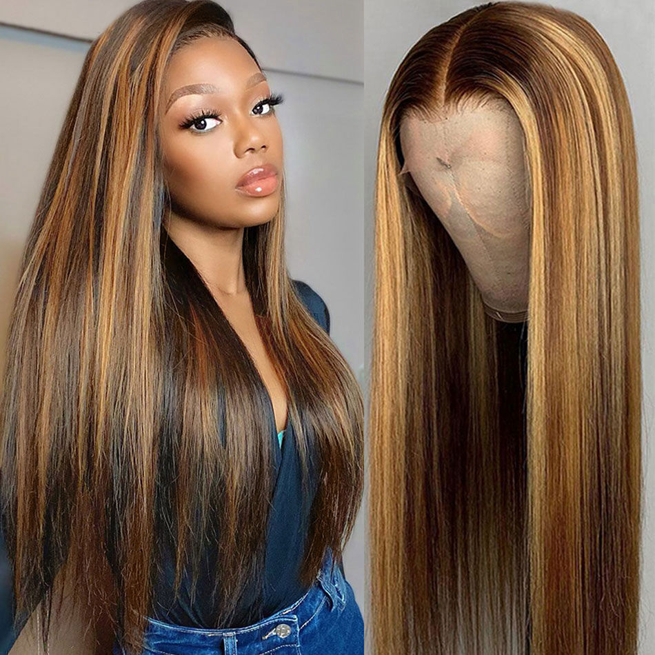 Fashion Ombre Brown Human Hair Wigs Brazilian Full Long Straight Front ...