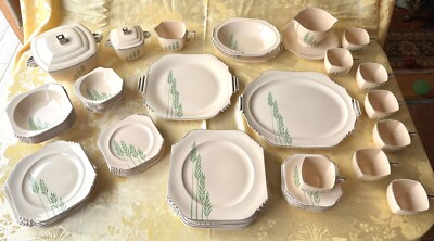 LEIGH WARE GREEN WHEAT SQUARE 63 PIECE DINNER SET ART DECO 1920s G ...