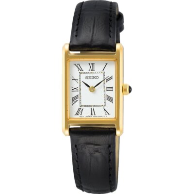 Seiko SWR054P1 Women's Rectangular Gold-Tone Watch with Black Leather ...