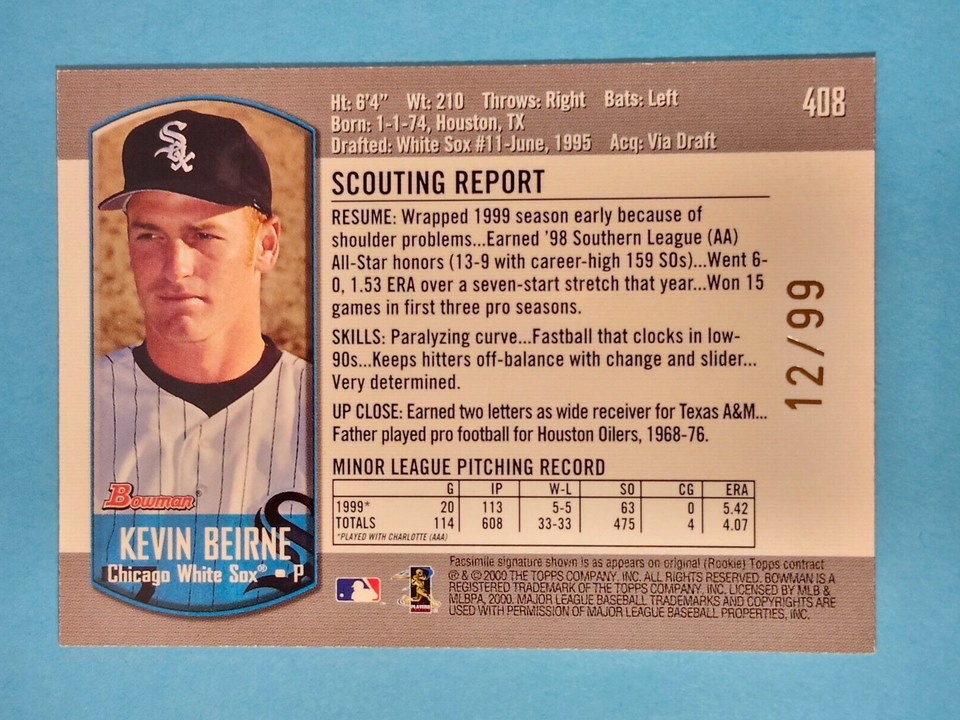 2000 Bowman GOLD RC Kevin Beirne Chicago White Sox #408 12/99 ⚾ | eBay