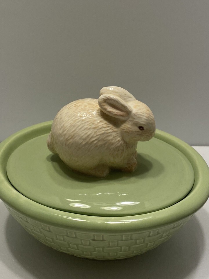 Hallmark Bunny Rabbit Ceramic Covered Candy Dish Green Easter Weaved ...