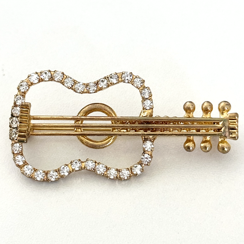 Vintage Gold Tone Clear Rhinestone Guitar Musical Instrument Brooch Pin ...