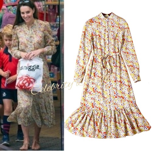 Kate Middleton Inspired Boho Long Sleeve Garden Flower Ruffled Midi ...