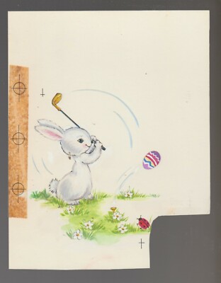 HAPPY EASTER Cute Bunny Playing Golf with Egg 5.5x7" Greeting Card Art ...