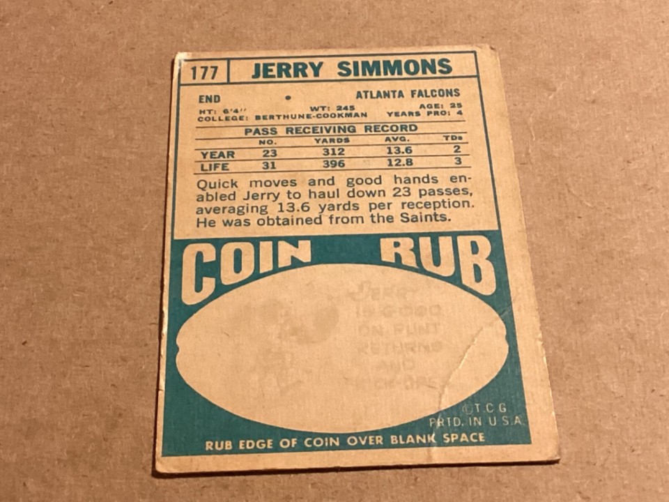 Jerry Simmons #177 Topps 1968 Football Card (Atlanta Falcons) - Very ...