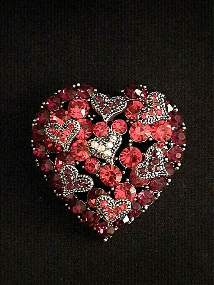 Heart Brooch Large Red White Crystal Rhinestone Gold Tone Heart Shaped ...