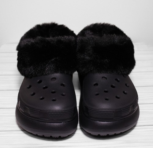 Crocs Furever Crush Black Fur Lined Clogs Shoes Womens 8/Mens 6 | eBay