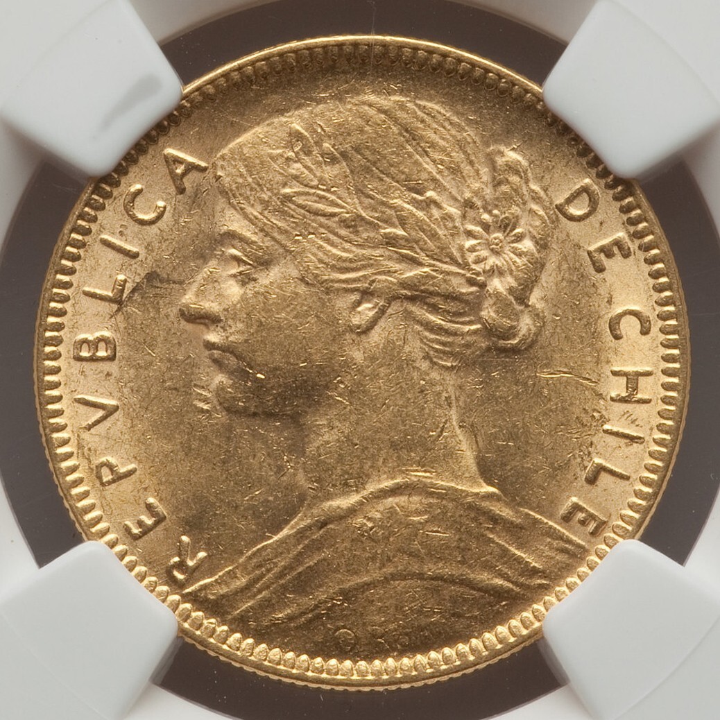 1916 Chile GOLD 20 Pesos NGC MS-62 One of just 7 graded at NGC + PCGS ...