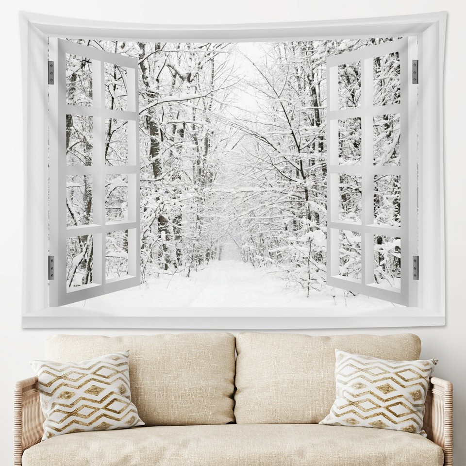 Winter White Forest Snow Scene Window Tapestry Wall Hanging Living Room ...