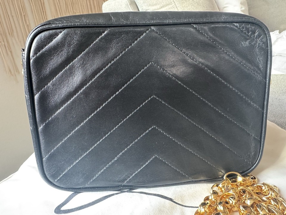 Chanel Black Chevron Lambskin Camera Flap Bag Gold Hardware (Tassel ...