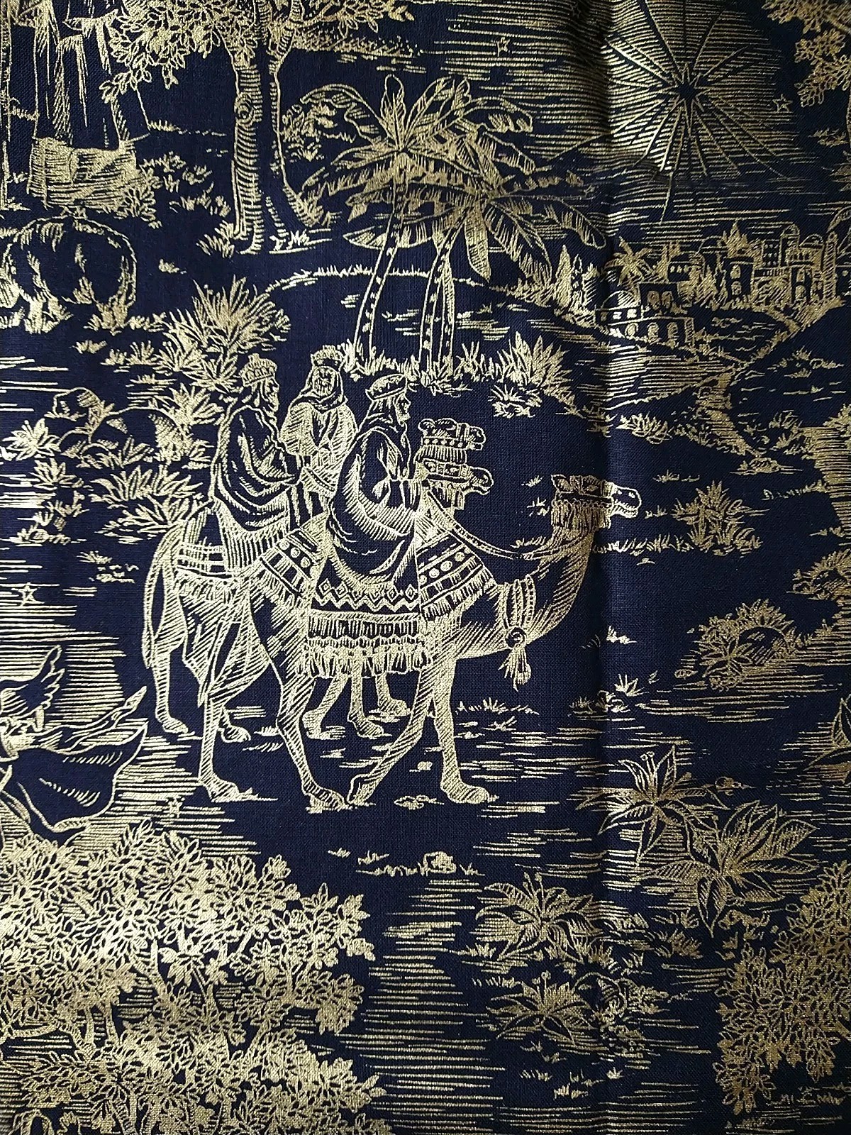 DAISY KINGDOM CHRISTMAS NATIVITY TOILE Allover Black & Gold Cotton ...
