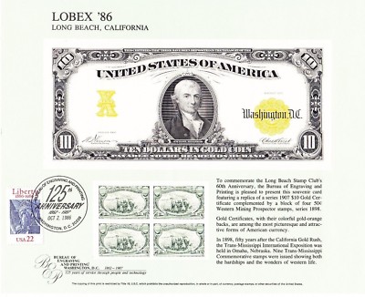 BEP Souvenir Card B98 LOBEX '86 $10 Gold Certificate #291 Prospector VC ...