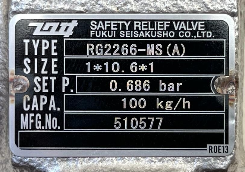 Fukui Seisakusho / Safety Relief Valve / RG2266-MS (A) / 510577 | eBay