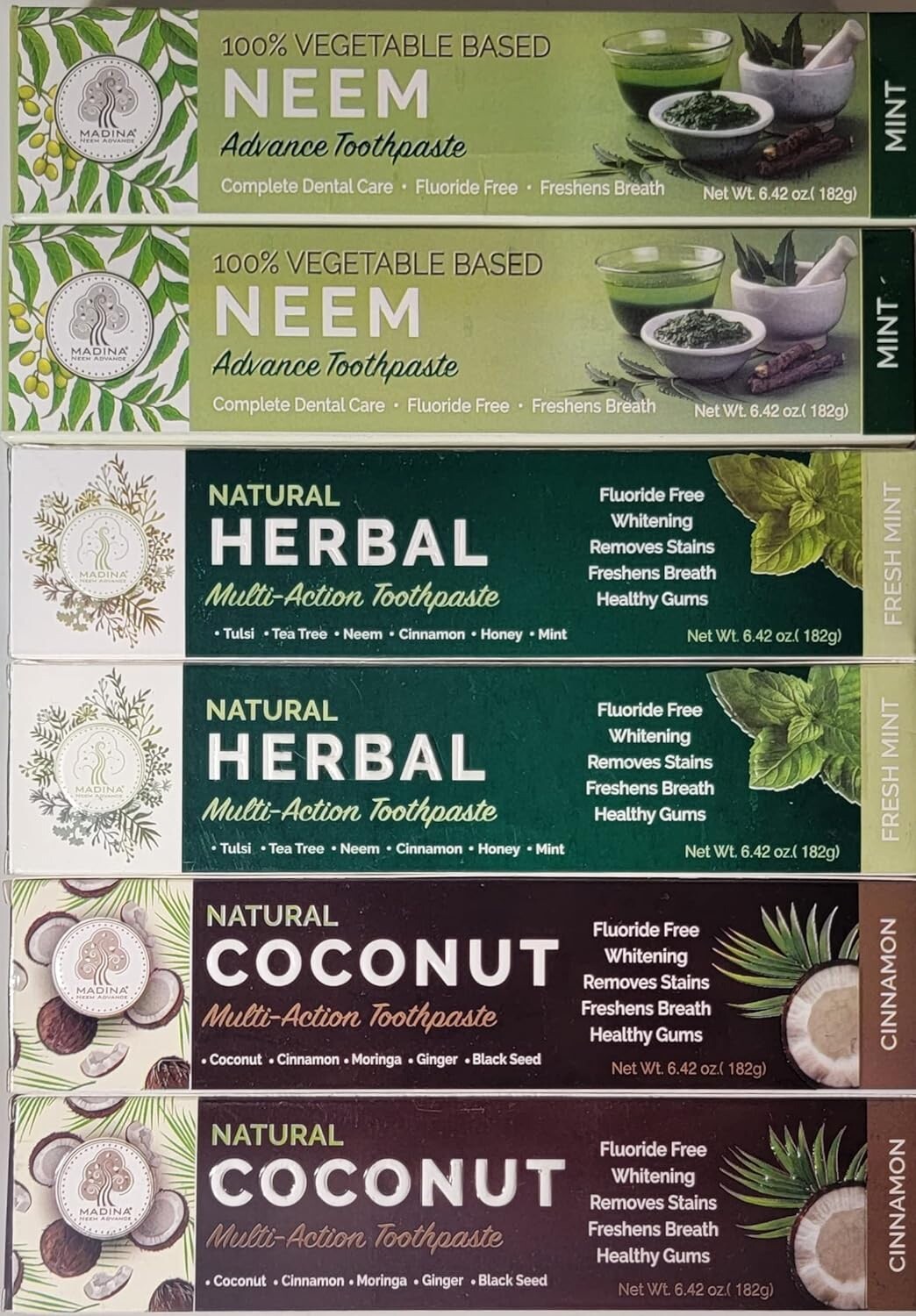 6 Tubes Natural Toothpaste 100% Vegetable Based . (2 Neem, 2 Herbal, 2 ...