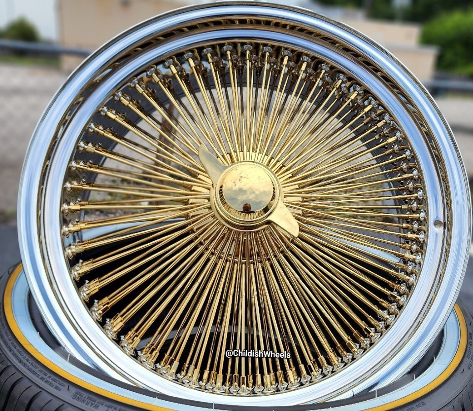 20" Inch All Gold CENTER Chrome Lip 150 Spoke Wire Wheels Rims Spokes ...