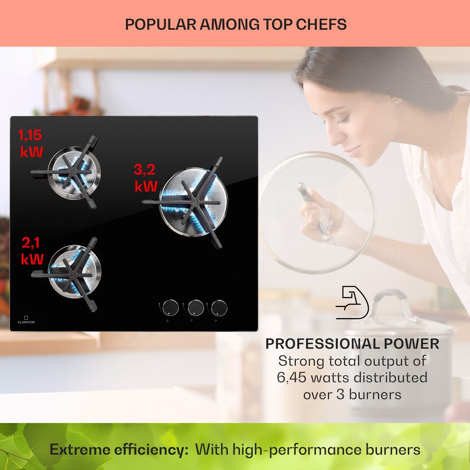 Gas Hob 60 cm 3 Burner Hot Plate Glass Ceramic Gas Cooker Gas Burner ...