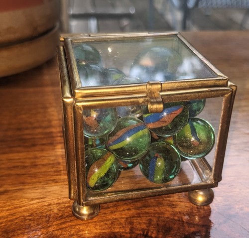 Vintage Glass Brass Framed Footed Trinket Display Box Case Cube ...