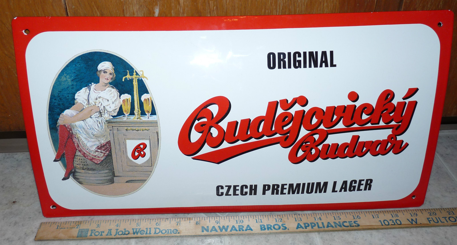 Vintage PORCELAIN BUDEJOVICKY BUDVAR CZECH LAGER 10in x 20in Beer SIGN ...
