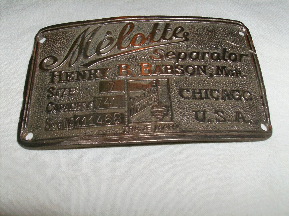 RARE VINTAGE HEAVY BRASS TAG MELOTTE SEPARATOR Henry B. Babson, Mgr ...