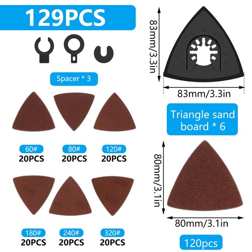129Pcs Oscillating Tool Sanding Pad Kit 60-320 Grit Triangle Hook and ...