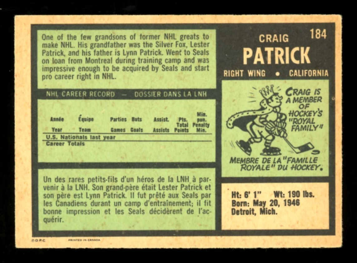 1971-72 OPC O PEE CHEE NHL #184 Craig Patrick RC NM California Seals ...