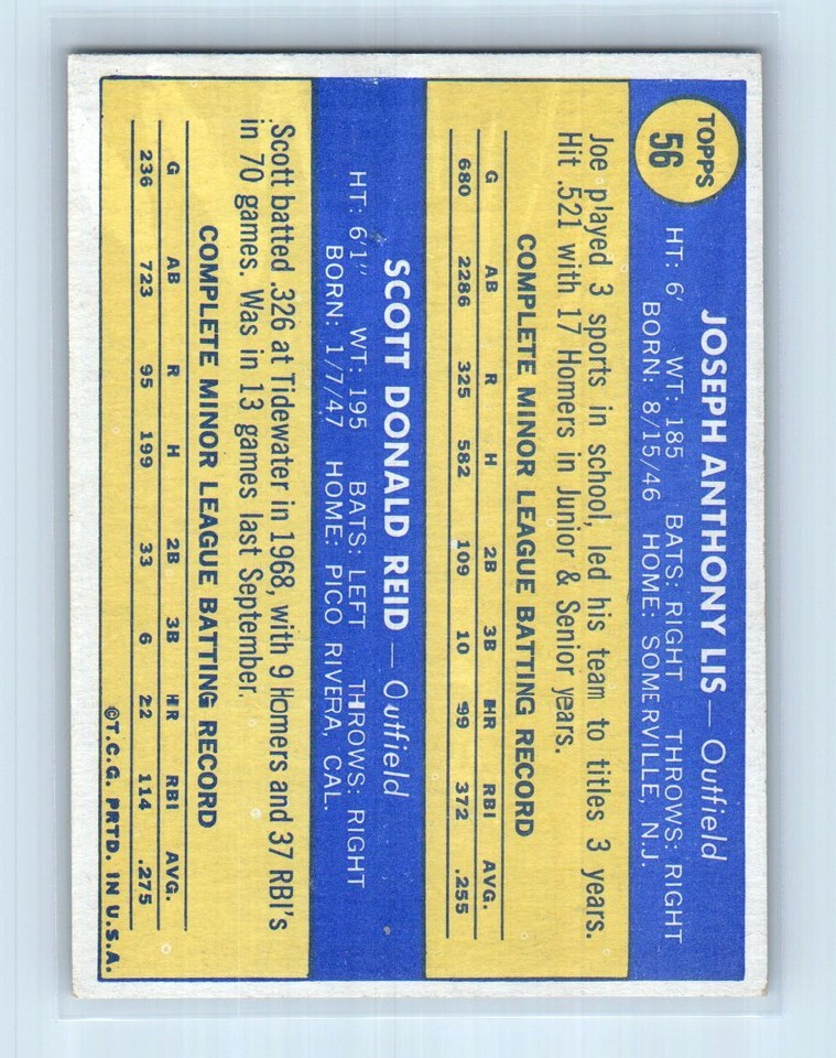 1970 Topps #56 Joe Lis RC/Scott Reid RC Philadelphia PHILLIES Rookie ...