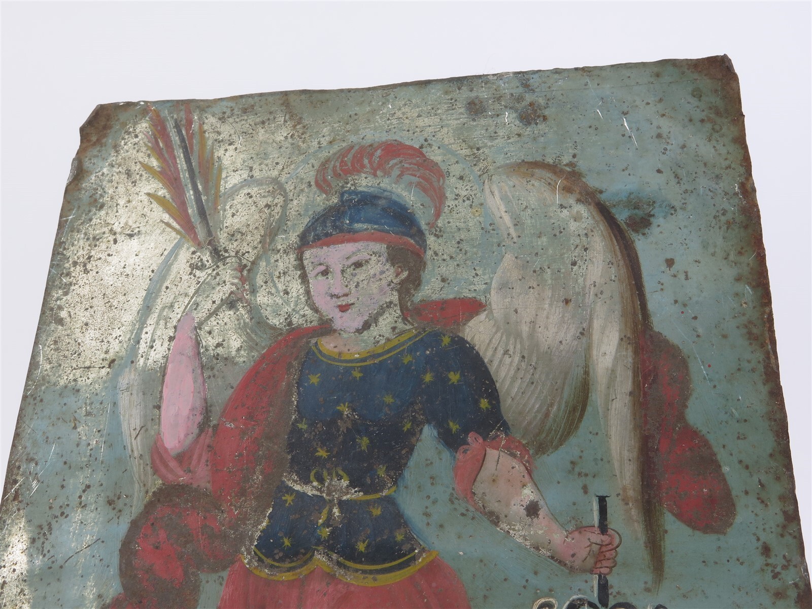 Antique Hand Painted Retablo Metal Saint Michael Slaying Satan 7-1/8" x ...