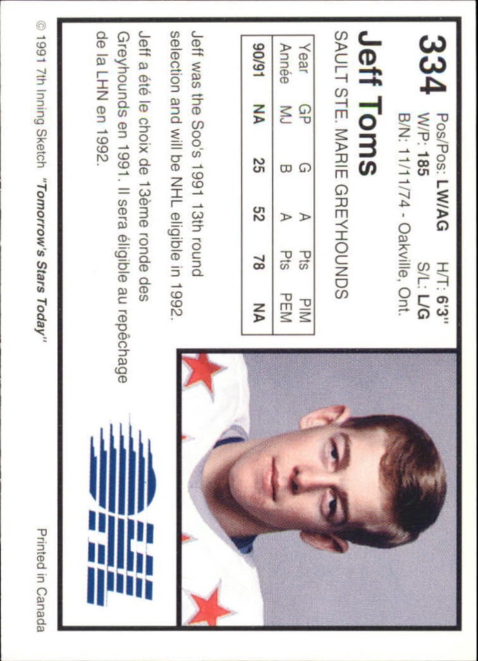 1991-92 7th Inning Sketch OHL #334 Jeff Toms - NM-MT | eBay