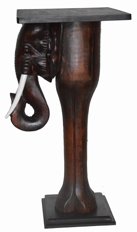 HAND CARVED WOODEN ELEPHANT TABLE END AFRICAN JUNGLE SAFARI SCULPTURE ...
