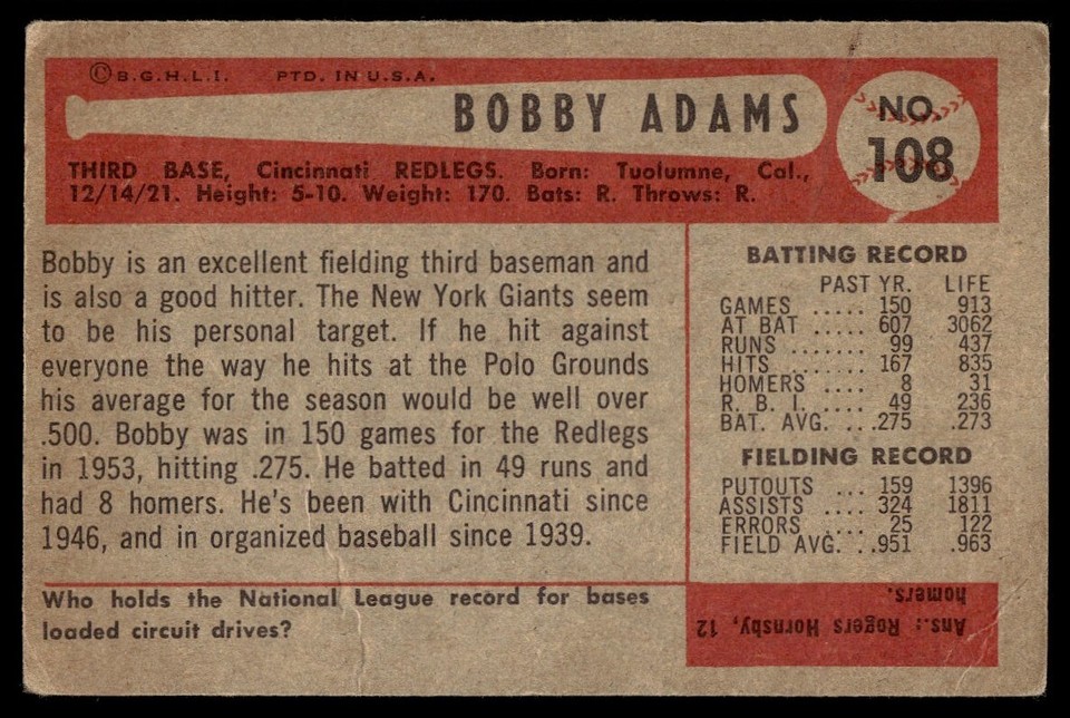1953 Bowman Bobby Adams VG/EX Cincinnati Reds #108 | eBay