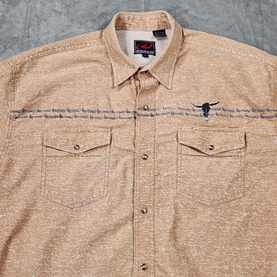 Roper Shirt Mens XL Western Pearl Snap Cattle Skull Logo Beige | eBay