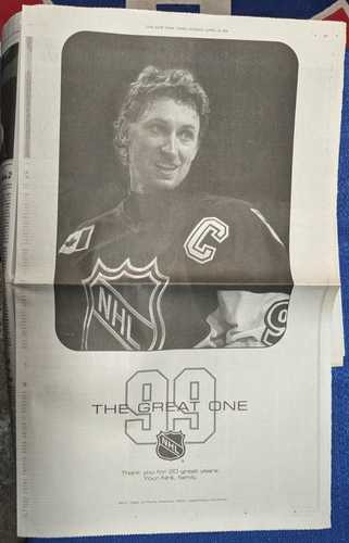 NHL mint full copy New York Times Gretzky retirement farewell April 17 ...