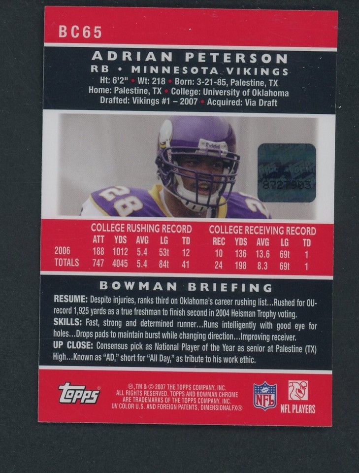 Adrian Peterson 2007 Bowman Chrome Autograph RC Auto Rookie Card SP HOF ...