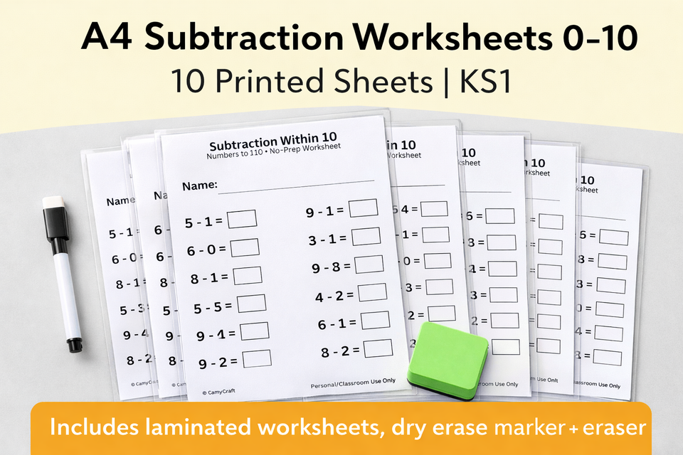 Laminated Subtraction Worksheets 0–10 KS1 Pack of 10 with Pen & Eraser ...
