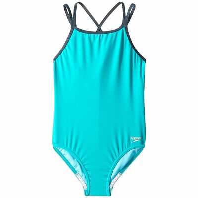$98 Speedo Girls Blue Stretch Round-Neck Crossback Logo One-Piece ...
