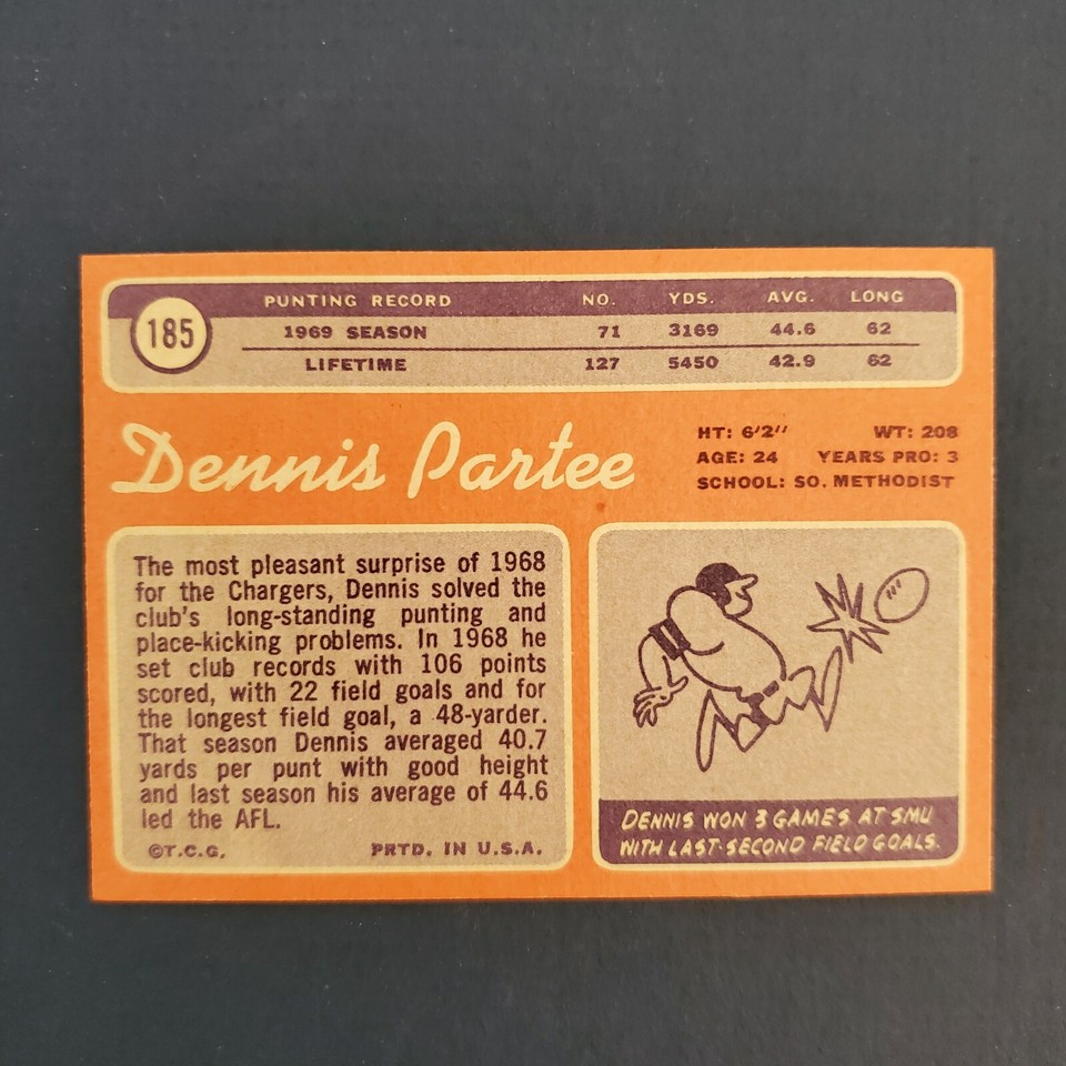 VINTAGE - 1970 TOPPS FOOTBALL CARD "DENNIS PARTEE RC" #185 PACK FRESH ...
