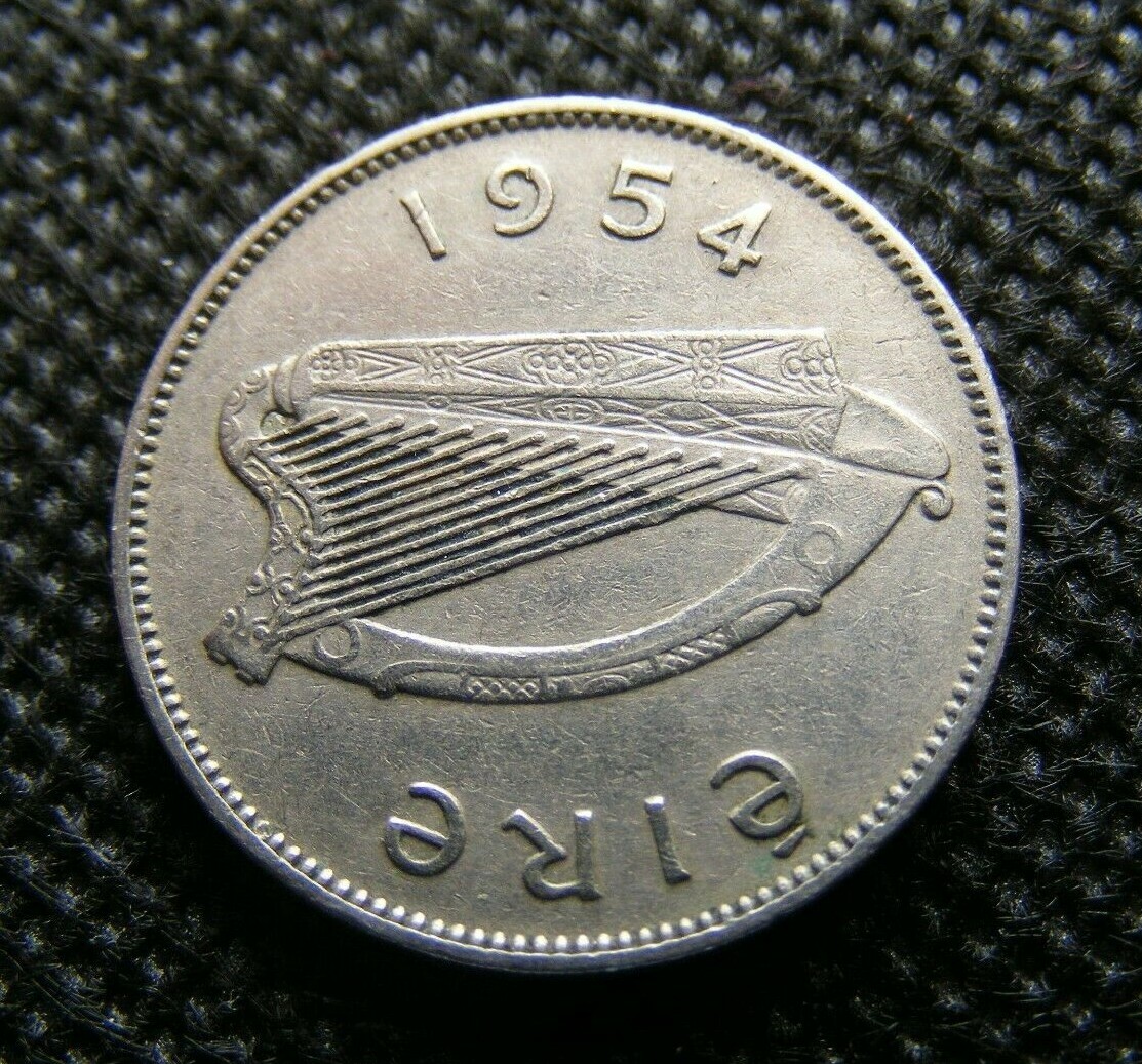 Irish 1954 One Shilling Coin Old Ireland Charging Bull Celtic Harp ...