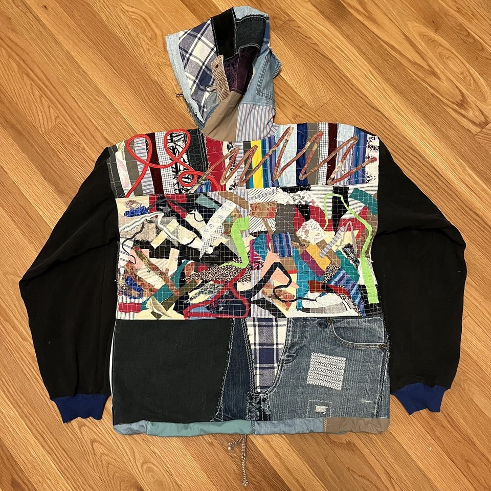 Upcycled Edgy Crazy Hoodie Sweatshirt Patchwork Fabric Scraps Frayed ...