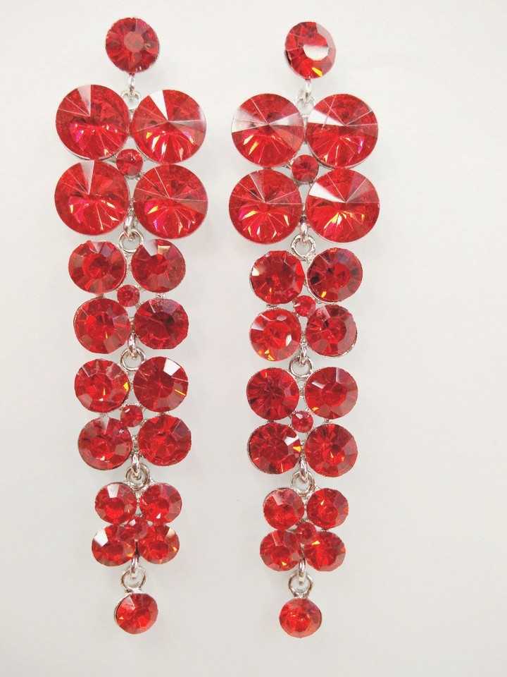 Exquisitely Ruby Red Crystals Waterfall Drop Style Dangle Stud Long ...