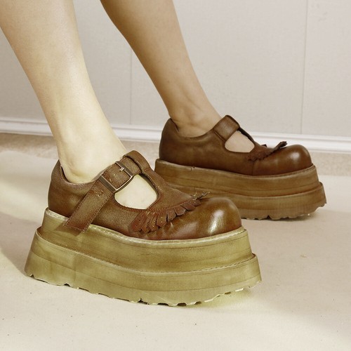 Womens T Strap Platform Real Leather Cowhide Thick Soled High Heels ...